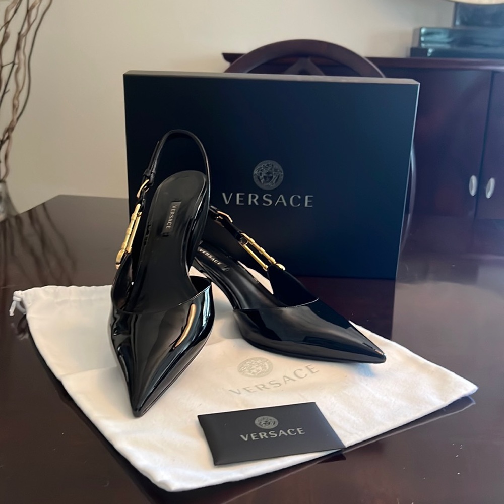 Black Patent Leather Sling Back Versace Shoes Size 40… - Gem